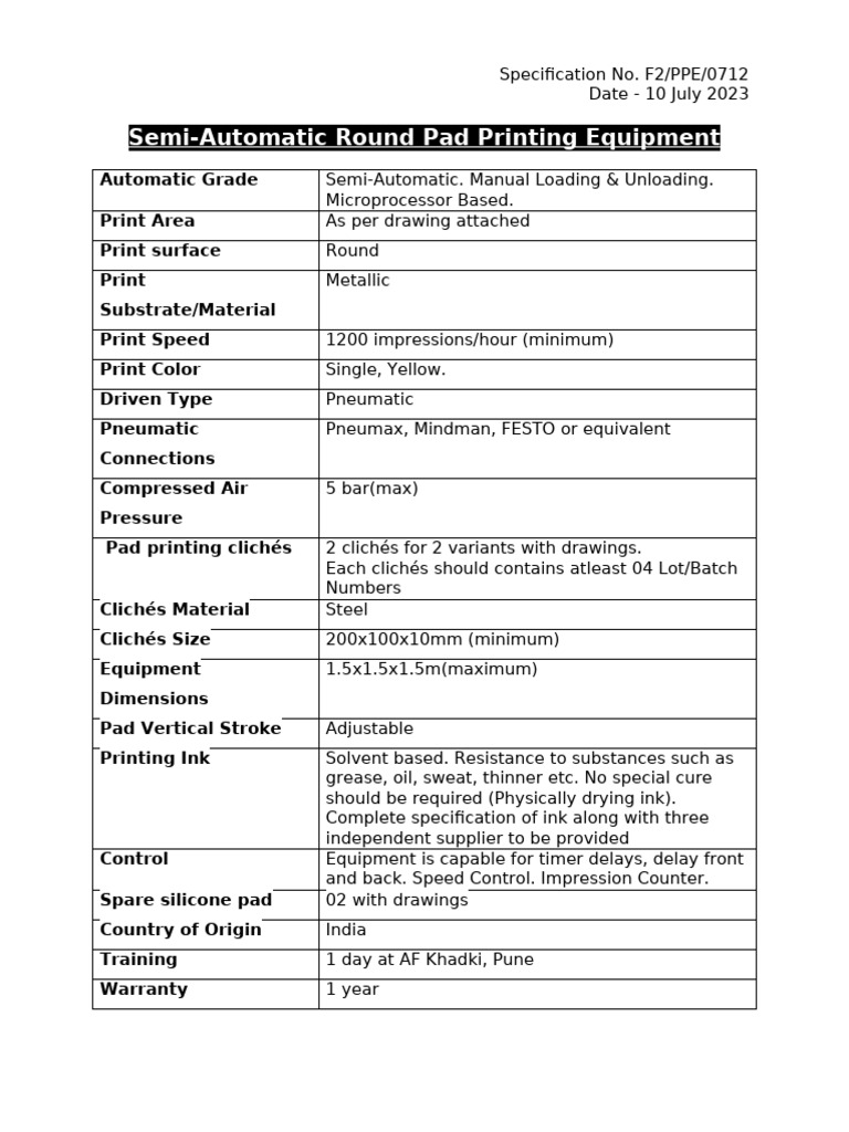 Pad Printing Specifications | PDF