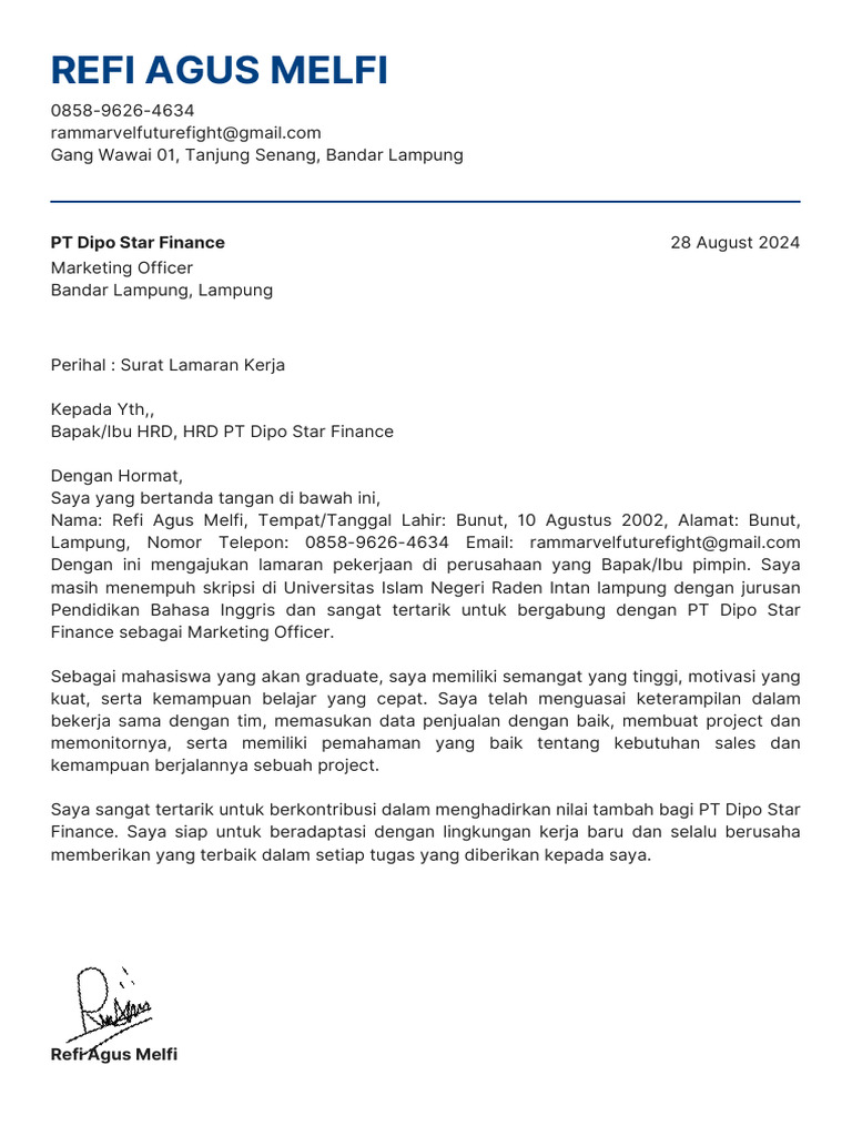 Refi Cover Letter For PT Dipo Star Finance | PDF