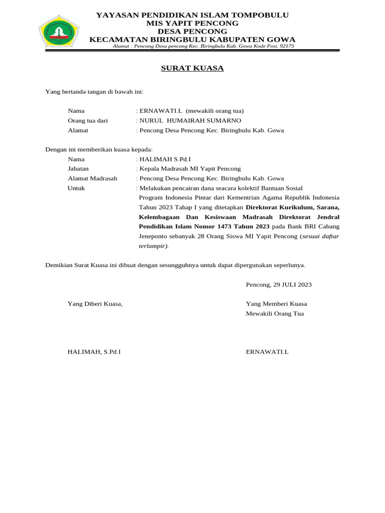 Surat Kuasa Penerima PIP 2023 | PDF