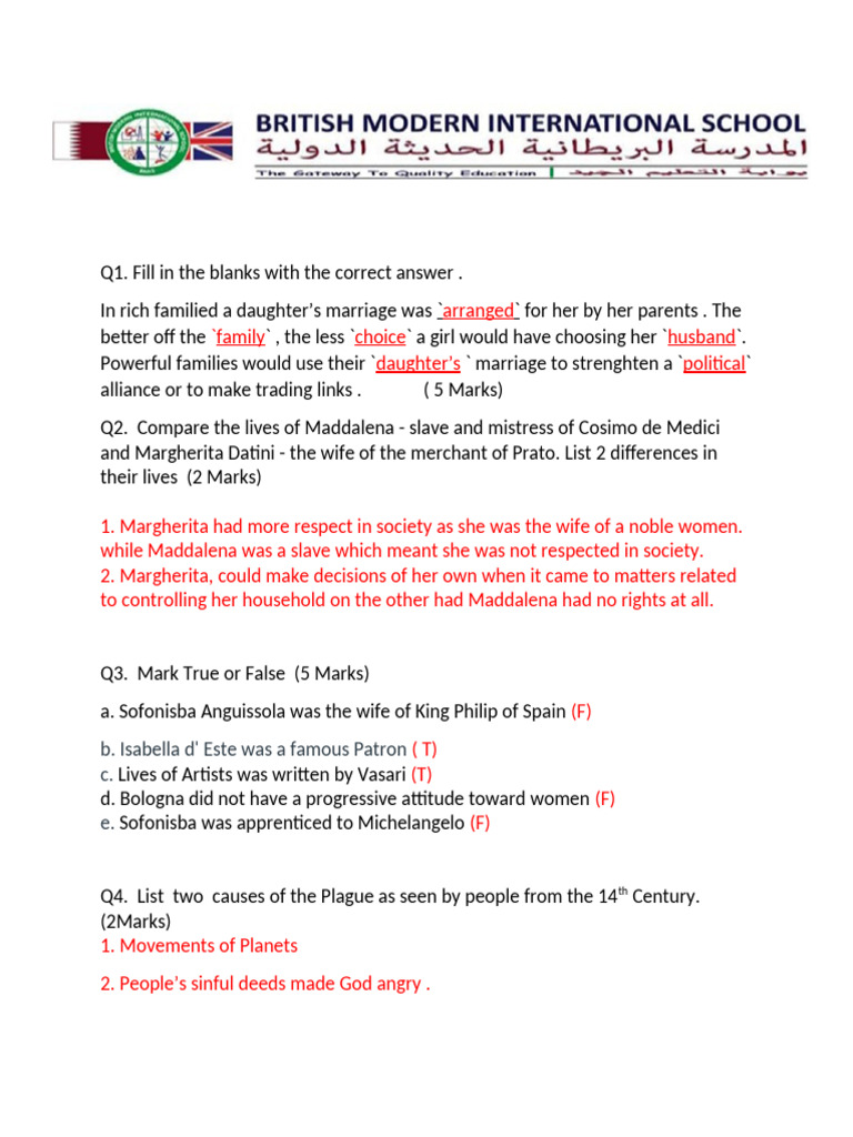Year 9 BH Worksheet With Answers | PDF