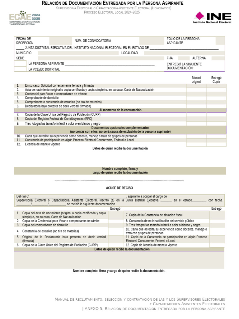 04 - 05 - Anexo 05 Relaciขn de documentaciขn entregada por la persona aspirante | PDF