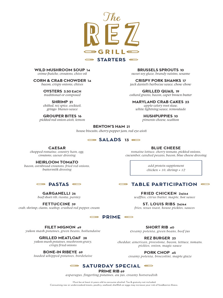 Rez Grill Dinner Menu | PDF