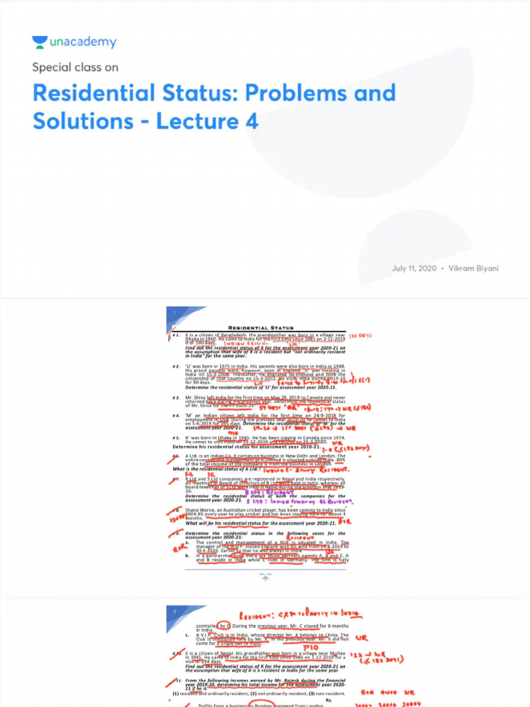 Residential Status Problems and Solutions Lecture 4 With Anno | PDF