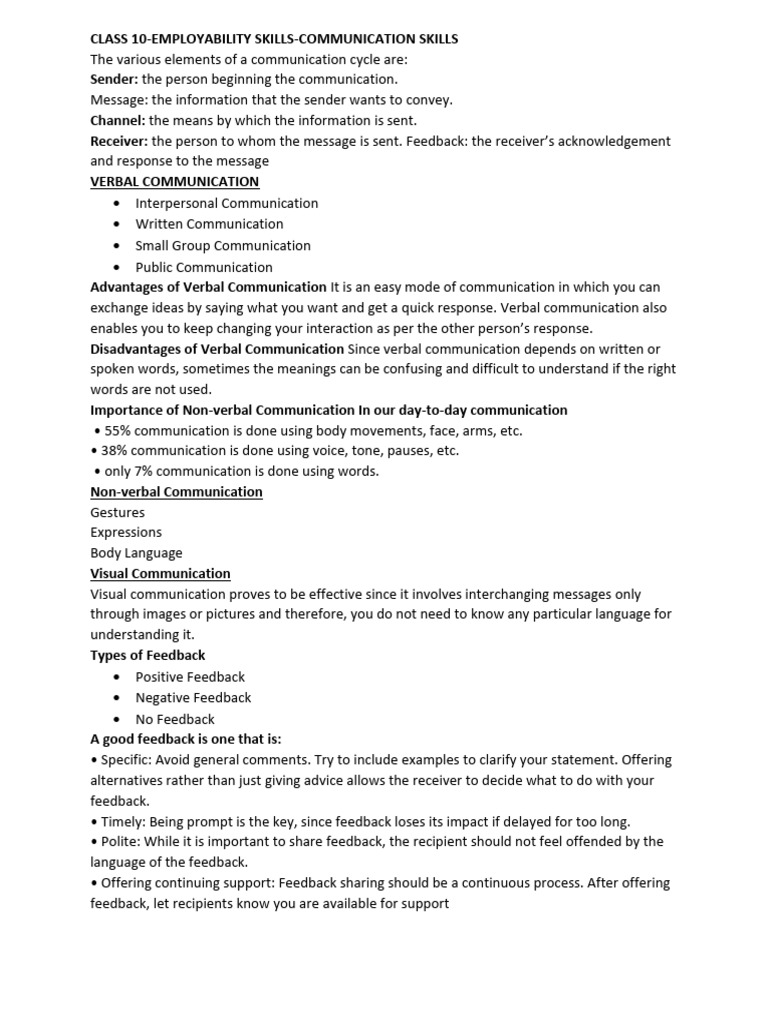 Class 10 Communication Skills Overview | PDF | Communication | Career ...