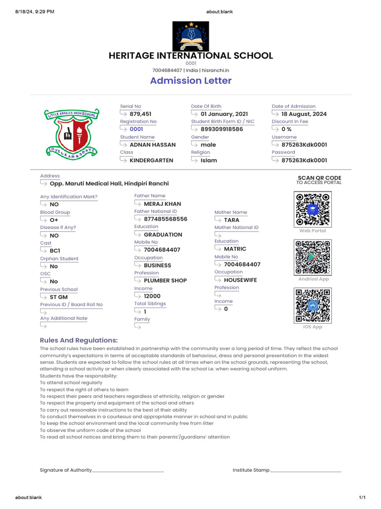 ADMISSIO FORM 1 | PDF