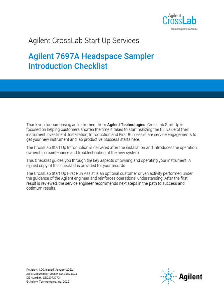 Agilent 7697A Headspace Sampler Introduction Checklist | PDF