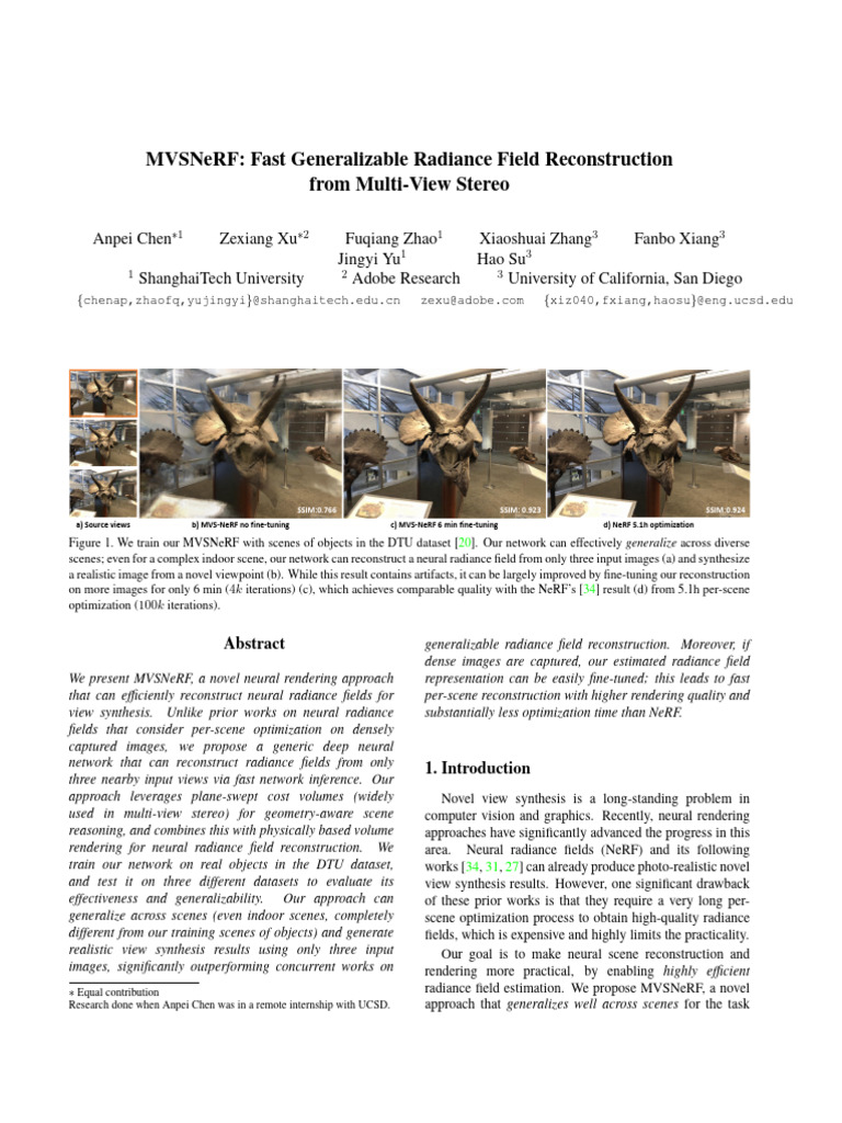 MVSNeRF (Fast Generalizable Radiance Field Reconstruction) | PDF