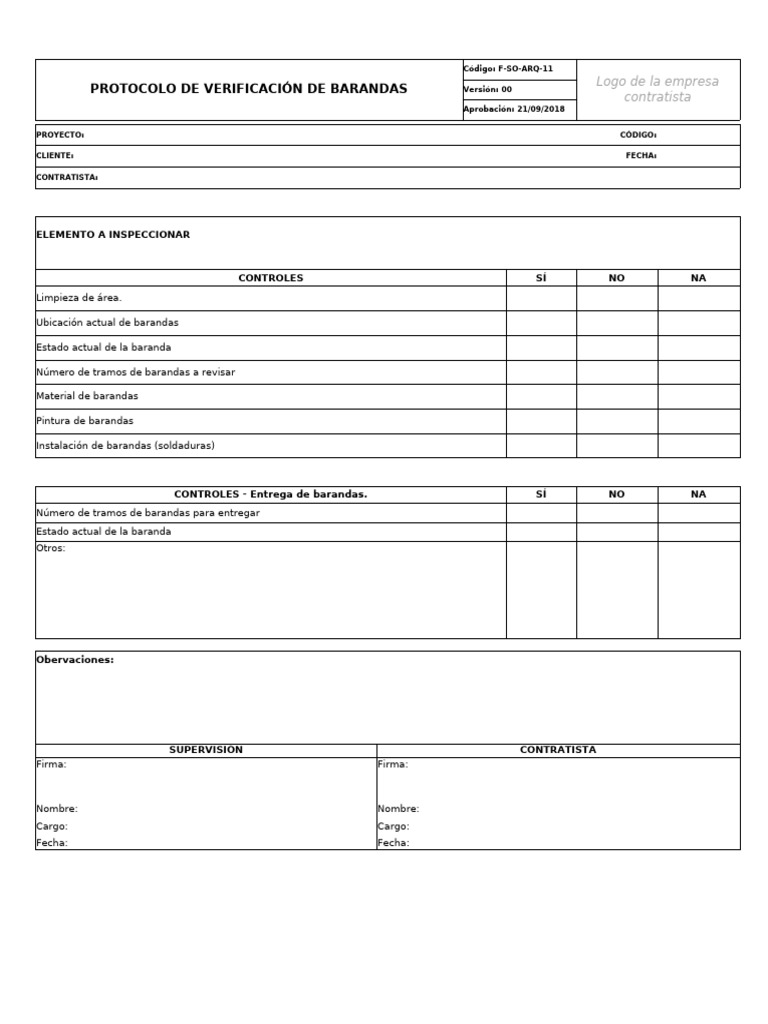F-So-Arq-11 Protocolo de Verificación de Barandas | PDF