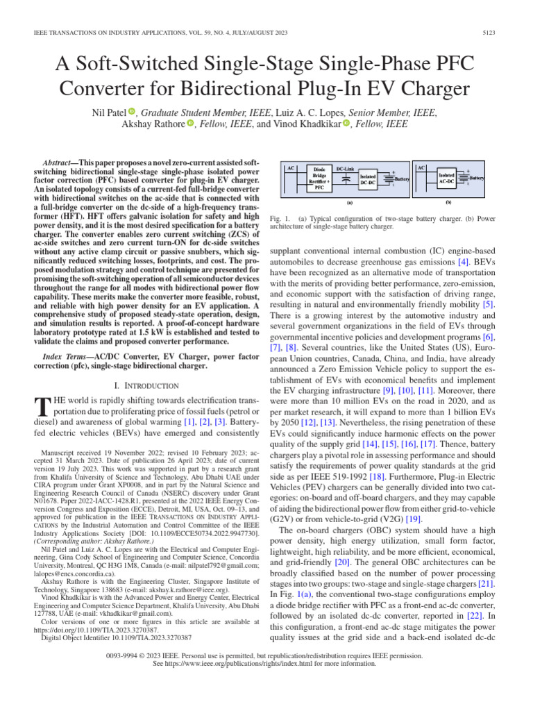 A Soft Switched Single Stage Single Phase Pfc Converter For Bidirectional Plug In Ev Charger Pdf