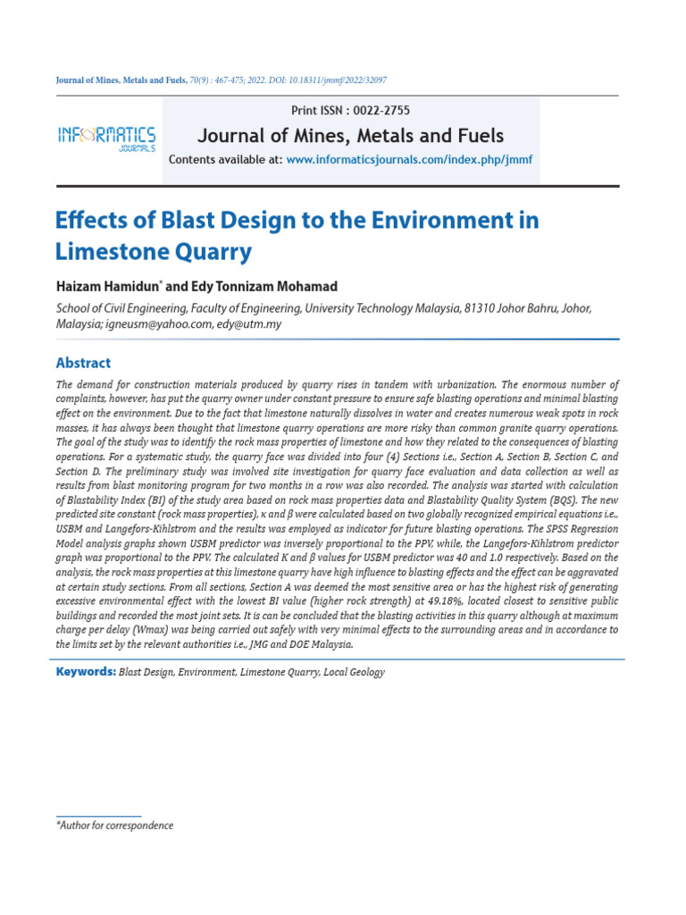 Effects of Blast Design To The Environment in Limestone Quarry | PDF
