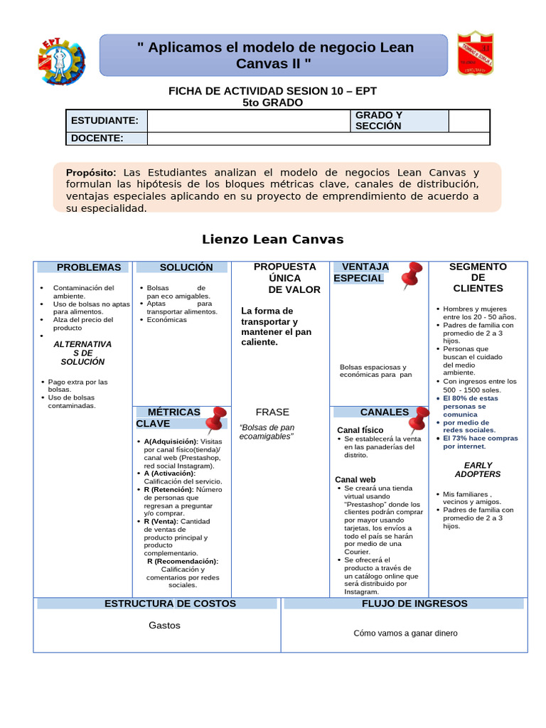 10 Ficha de Actividad Lienzo Lean Canvas Métricas Clave - Canales - Ventaja Especial | PDF