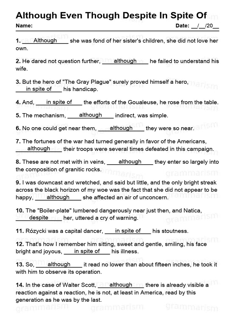 Grammarism Although Even Though Despite in Spite of Test 2 Solved ...