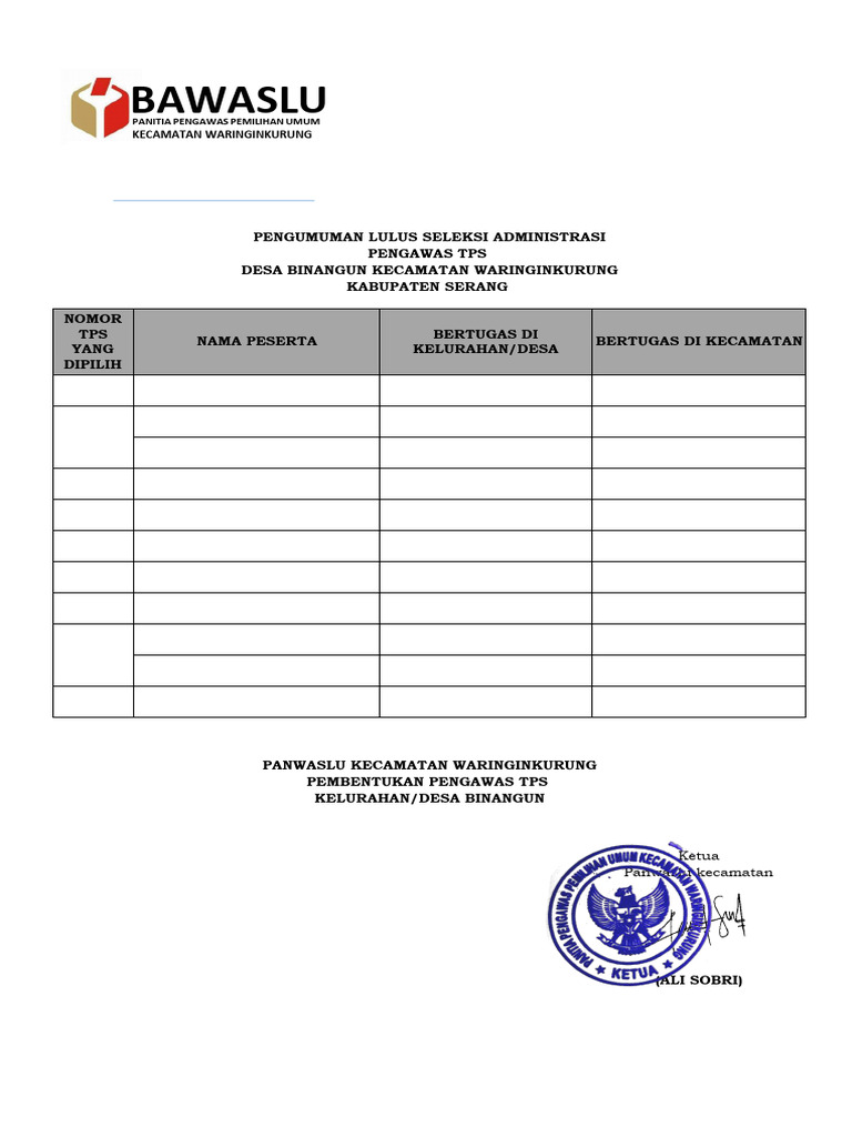 Pengumuman Lolos Seleksi Administrasi Calon Ptps Se Waringinkurung | PDF