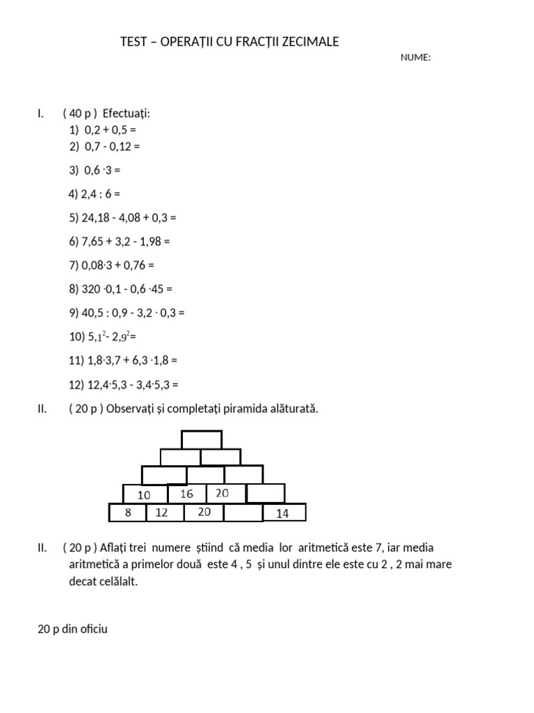 Test Operatii Cu Fractii Zecimale | PDF