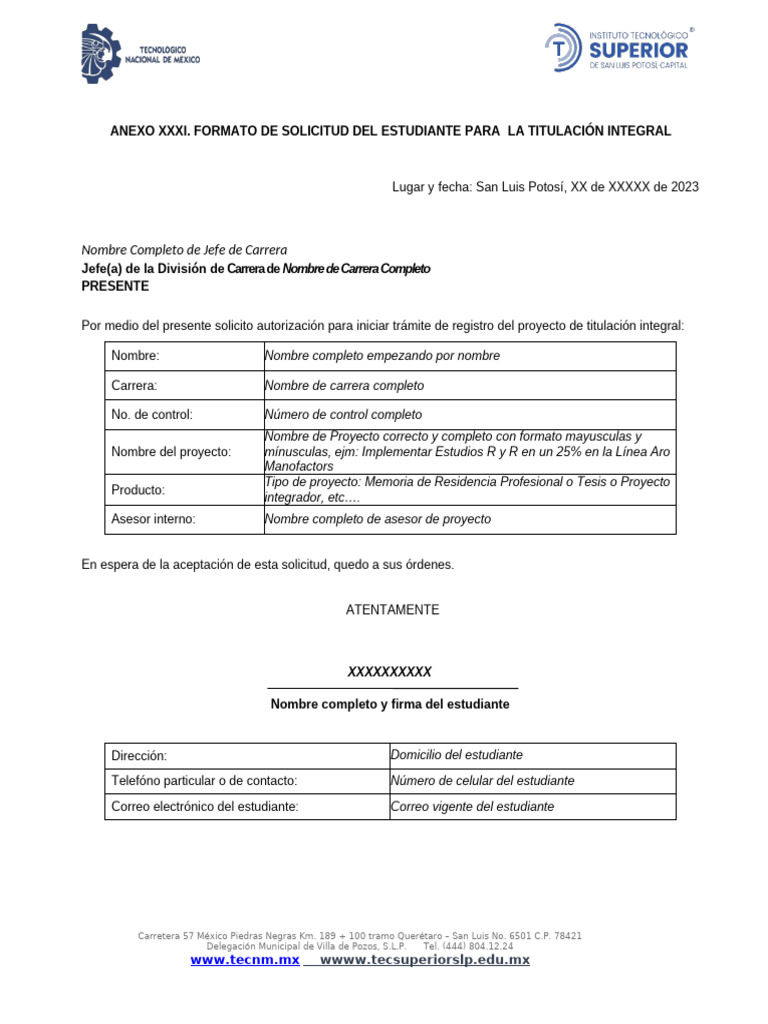 ANEXO XXXI. Solicitud Del Estudiante para Titulacion Integral | PDF