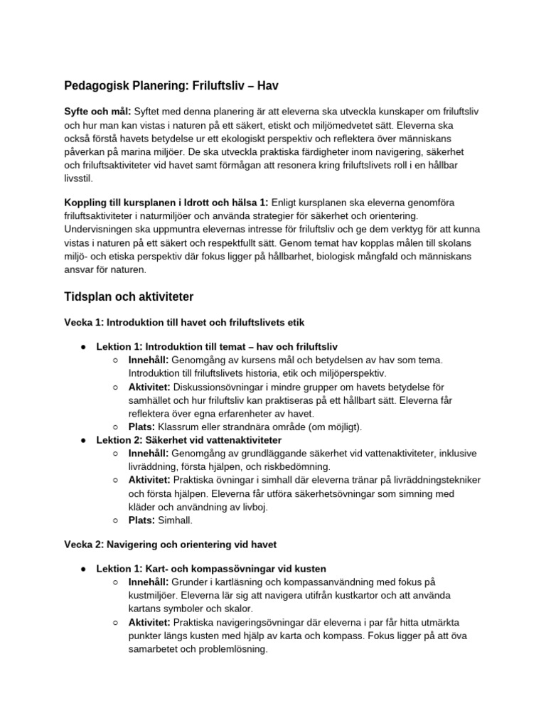 Pedagogisk Planering - Friluftsliv - Hav | PDF