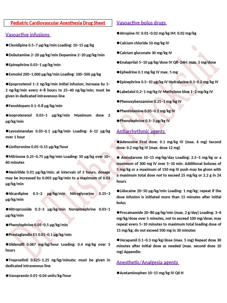 Pediatric Cardiovascular Anesthesia Drug Sheet | PDF