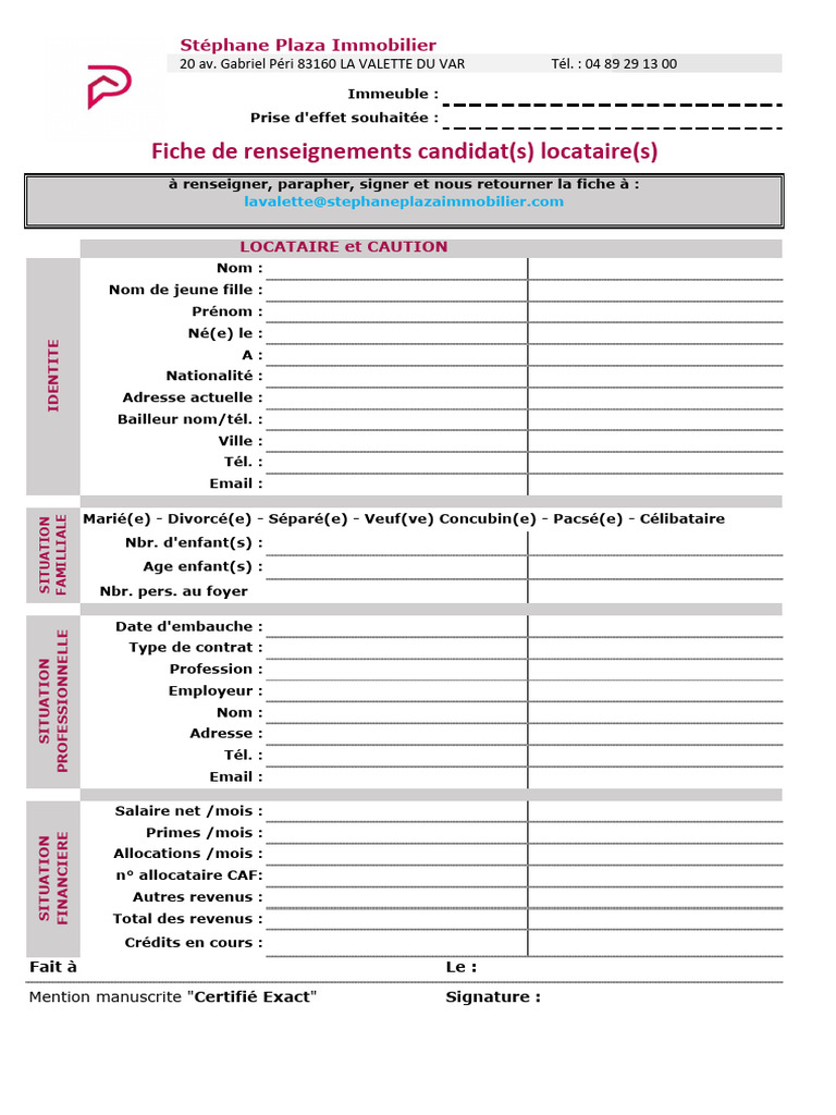 Fiche Candidat Locataire | PDF