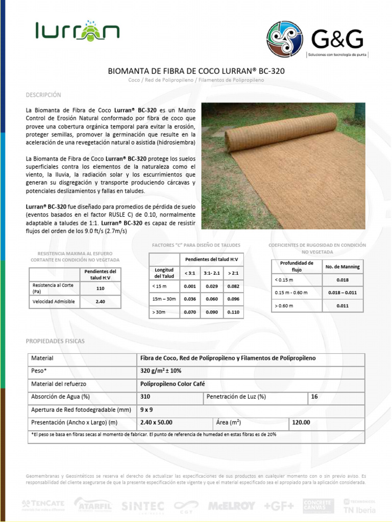 Mantos Control de Erosion Temporales de Coco GG Ficha Tecnica | PDF | Erosión | Ciencias de la ...