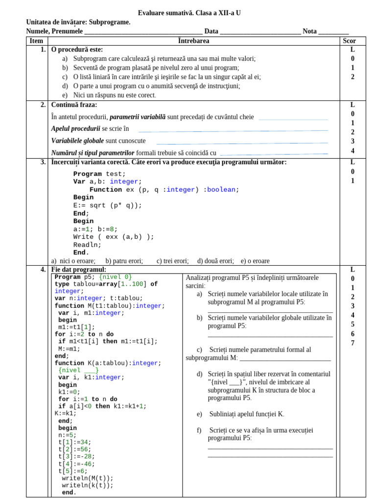 Evaluare Sumativa Subprograme 12 U | PDF