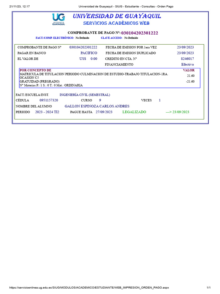 Universidad de Guayaquil - SIUG - Estudiante - Consultas - Orden Pago | PDF