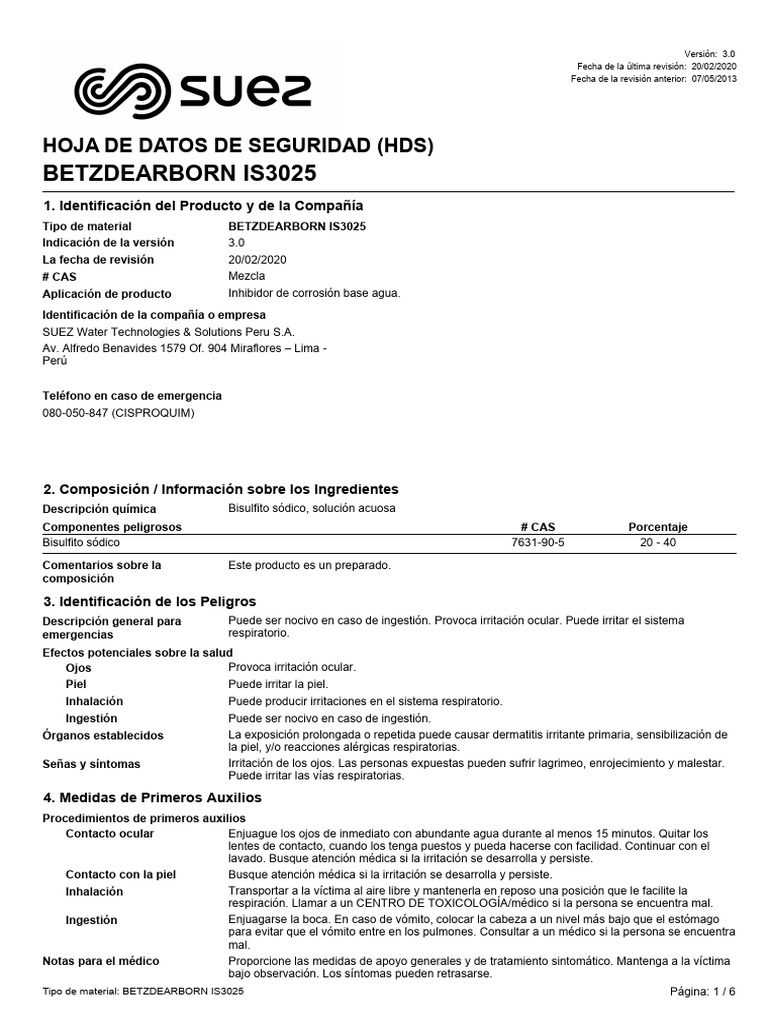 MSDS Betzdearborn Is3025 | PDF