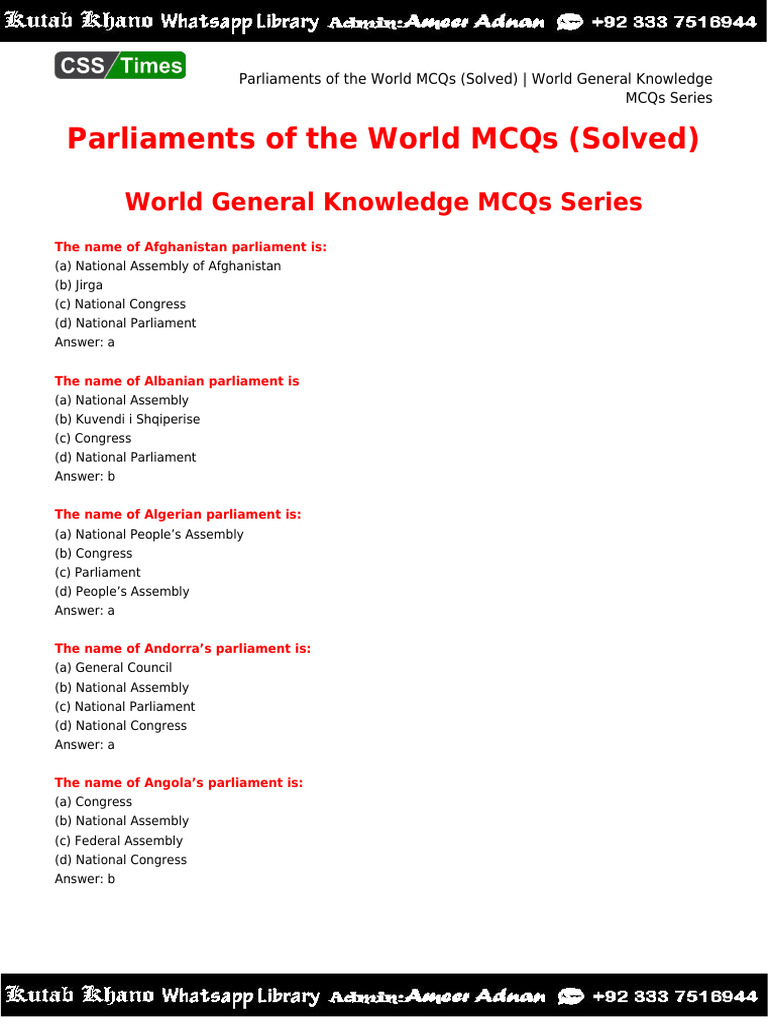 Parliaments of the World MCQs (Solved) _ World General Knowledge MCQs ...