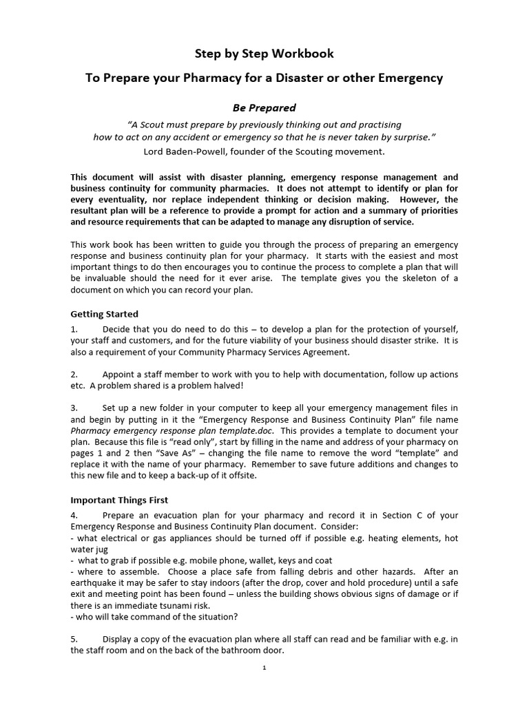 Pharmacy Emergency Response Plan Work Book | PDF