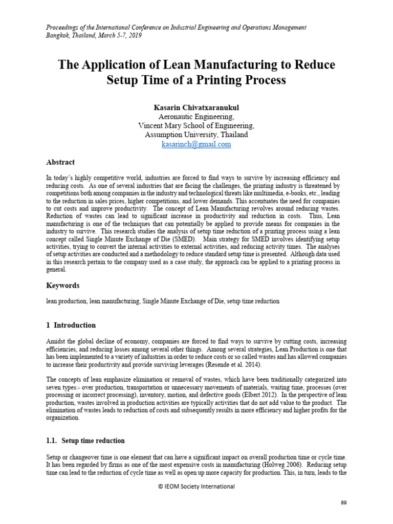 The Application of Lean Manufacturing To Reduce Setup Time of A ...