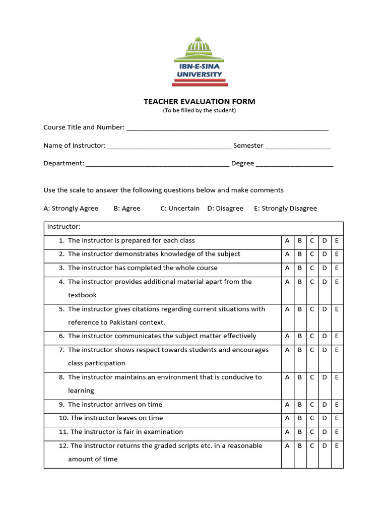 Teacher Evaluation Form | PDF