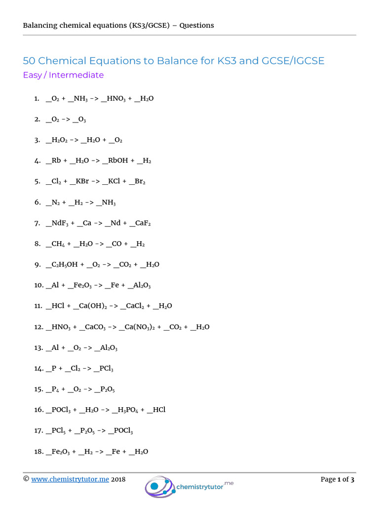Balancing Chemical Equations Worksheet 1 QP | PDF