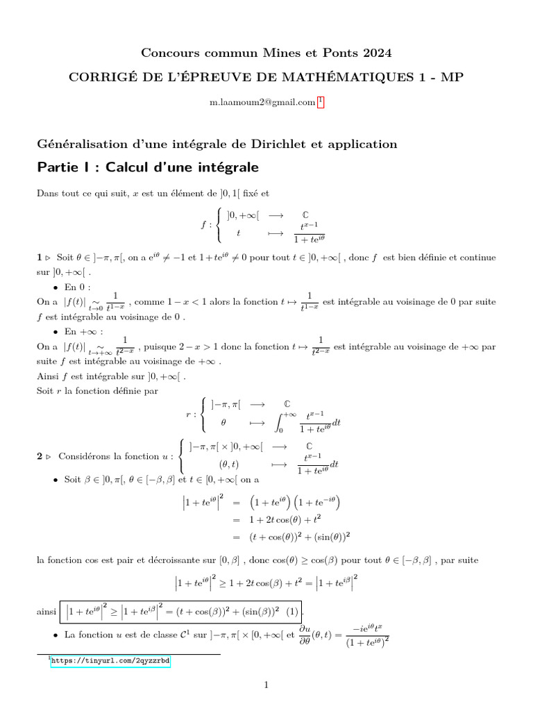 M.LAAMOUM Mines MP 2024 Math 1 Corr | PDF