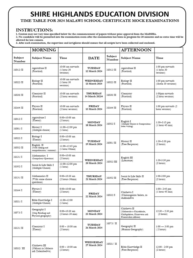 2024 Shed Msce Mock Timetable Main Papers | PDF
