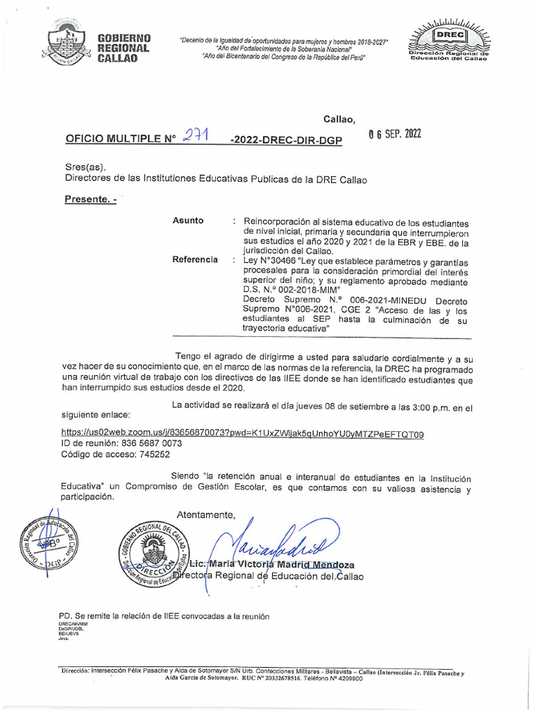 Oficio Multiple N 271-2022-Drec-Dir-Dgp PDF | PDF