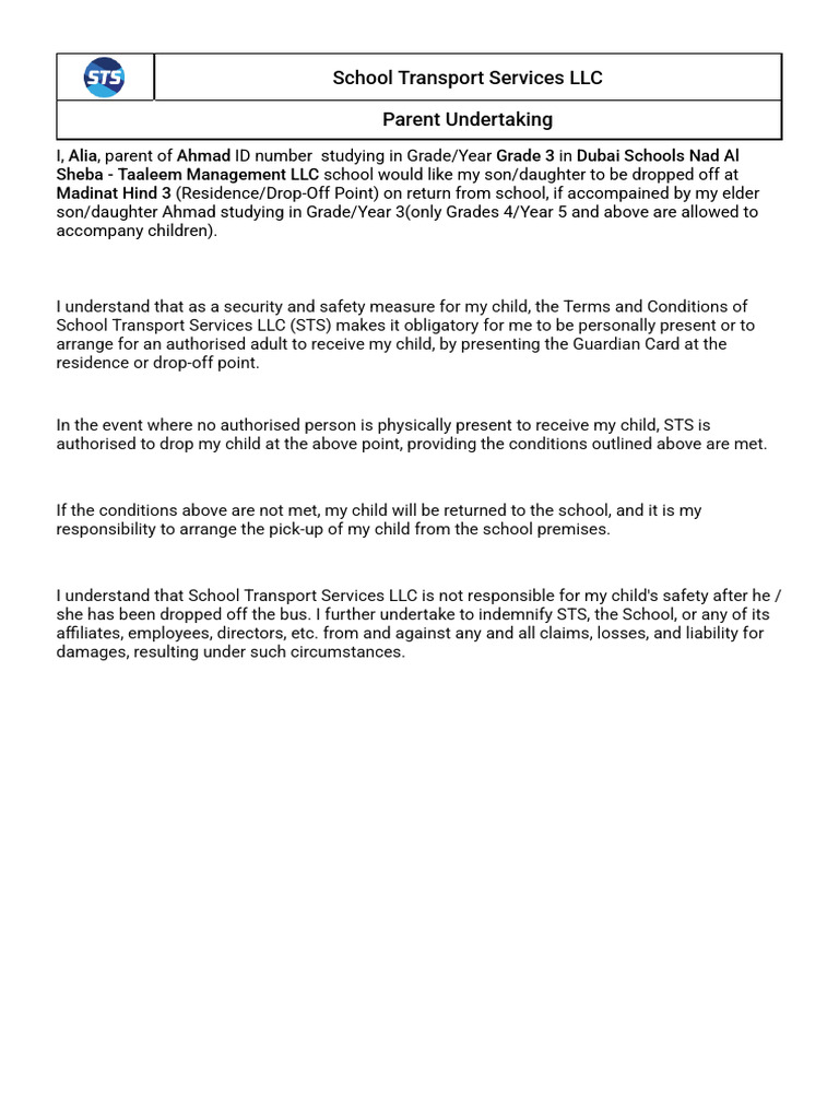 Parent Undertaking Pdf