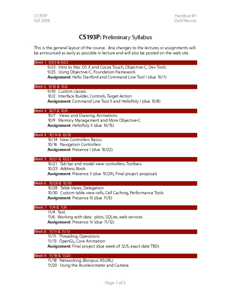 Standford CS 193P: Handout 1: Syllabus | PDF