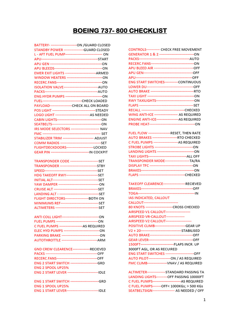 Boeing 737 - 800 Checklist | PDF