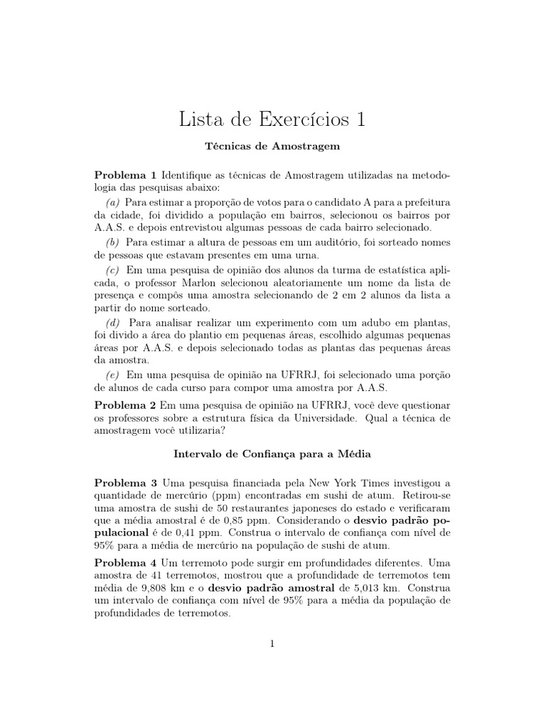 Lista1 Estatistica Aplicada | PDF