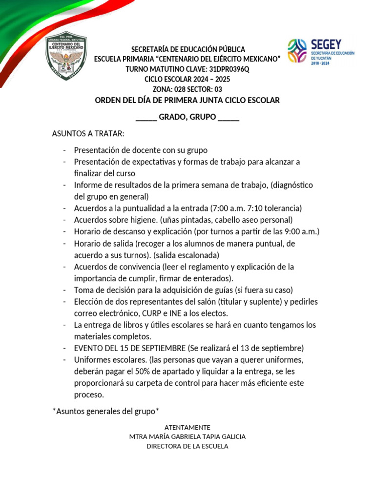 ORDEN DEL DIA PRIMERA JUNTA | PDF