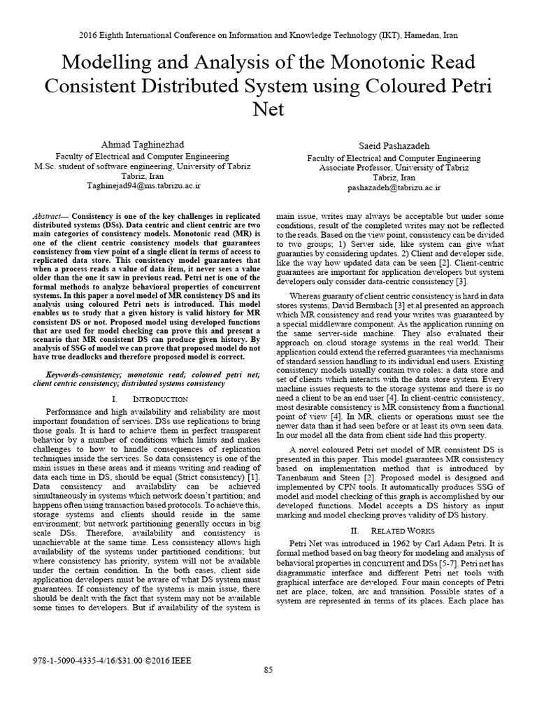 Modelling and Analysis of The Monotonic Read Consistent Distributed System Using Coloured Petri ...
