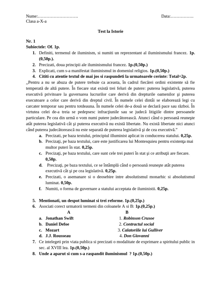1 Test La Istorie Iluminismul Cls. 10 | PDF