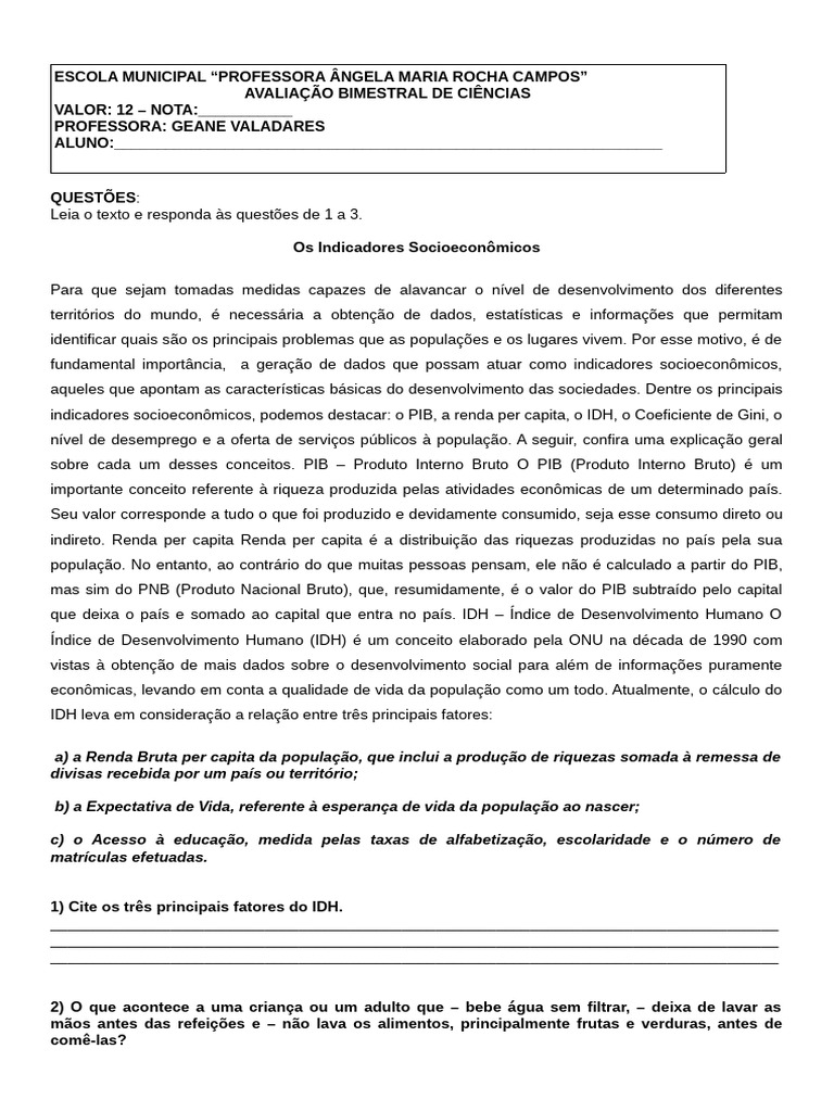 Avaliação Bimestral 7 Ano 3 Bim 2024 | PDF
