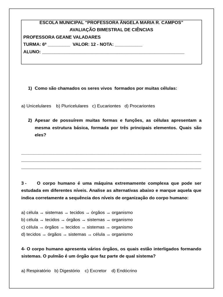 Avaliação Bimestral de Ciências 6 Ano 3 Bim 2024 | PDF