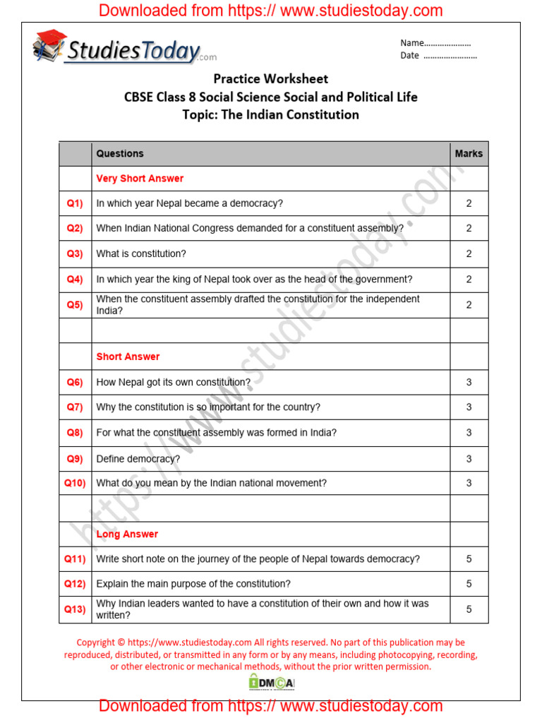 Practice Worksheet CBSE Class 8 Social Science Social and Political ...