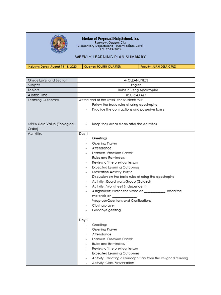 MPHS Weekly Learning Plan Template 2 | PDF