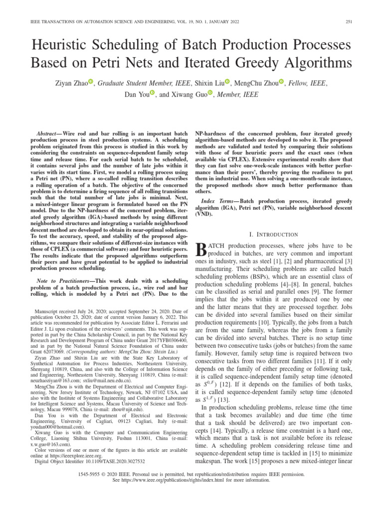Heuristic Scheduling of Batch Production Processes Based On Petri Nets and Iterated Greedy ...