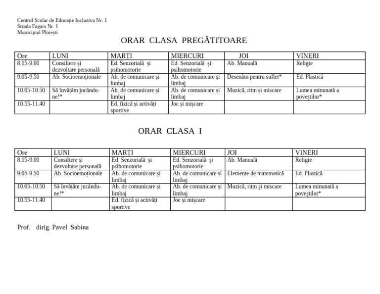 Orar Clasa Pregatitoare | PDF