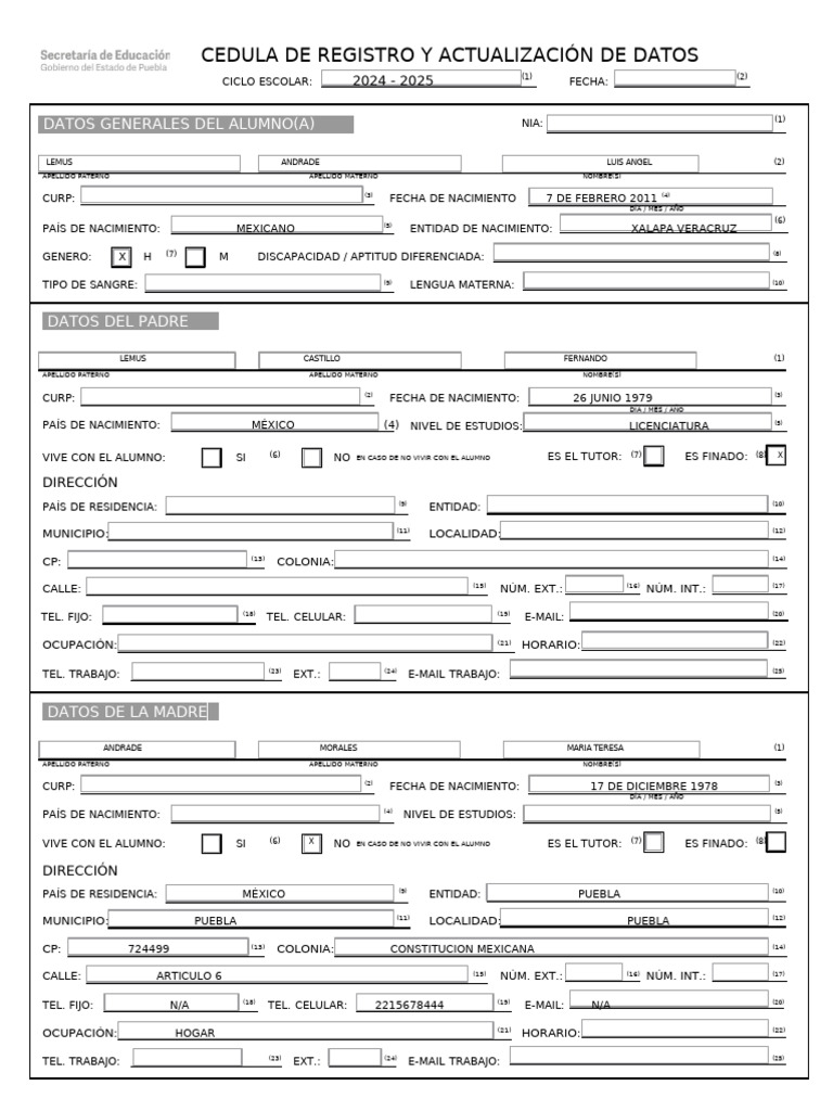 Cedula de Registro Y Actualización de Datos: Datos Generales Del Alumno ...