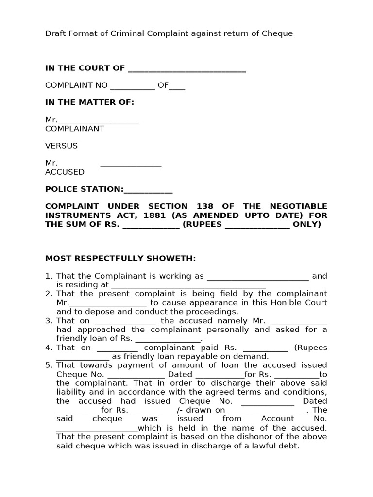 Complaint Under Section 138 NI Act | PDF | Cheque | Justice