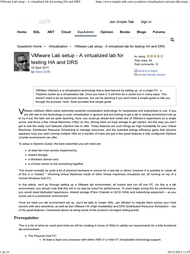 VMware Lab Setup - A Virtualized Lab For Testing HA and DRS | PDF